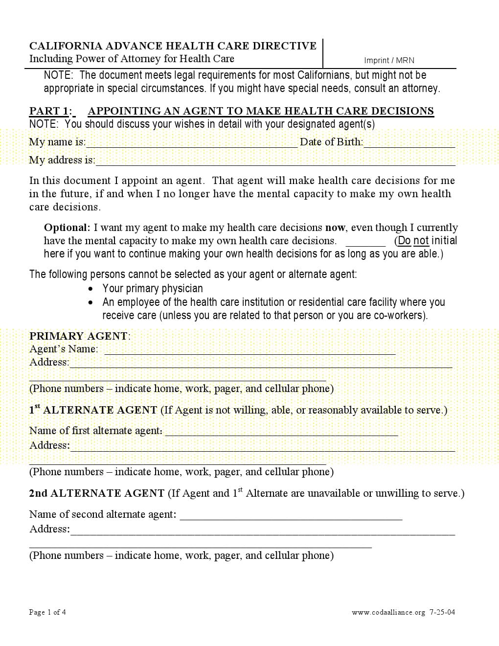 Free California Advance Health Care Directive Free California Advance Health Care Directive